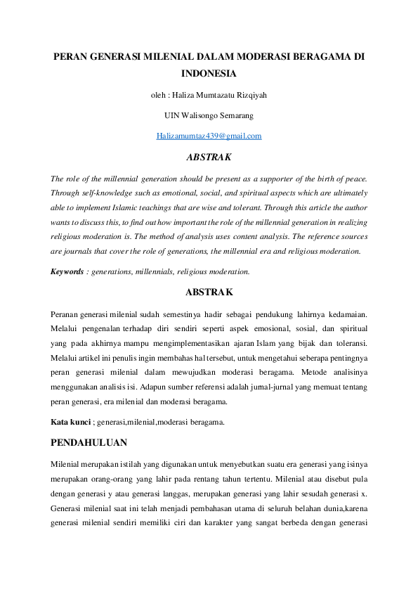(PDF) PERAN GENERASI MILENIAL DALAM MODERASI BERAGAMA DI INDONESIA oleh : Haliza Mumtazatu Rizqiyah