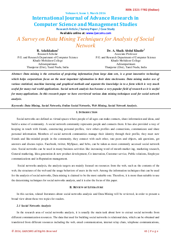 (PDF) A Survey on Data Mining Techniques for Analysis of Social Network