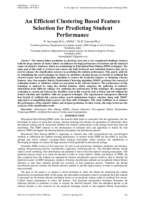 (PDF) An Efficient Clustering Based Feature Selection for Predicting Student Performance
