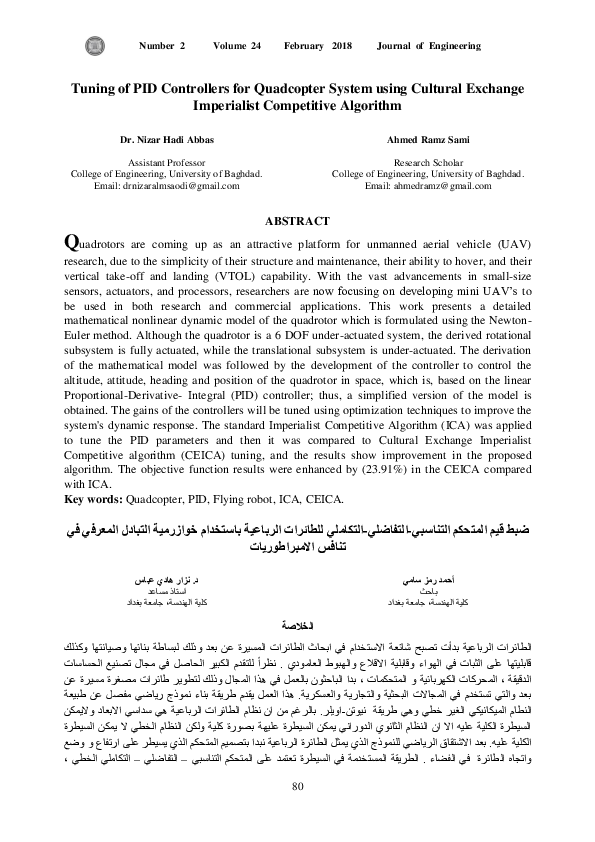 (PDF) Tuning of PID Controllers for Quadcopter System using Cultural Exchange Imperialist ...