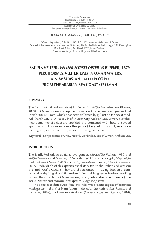 (PDF) Sailfin velifer, Velifer hypselopterus Bleeker, 1879 (Perciformes ...