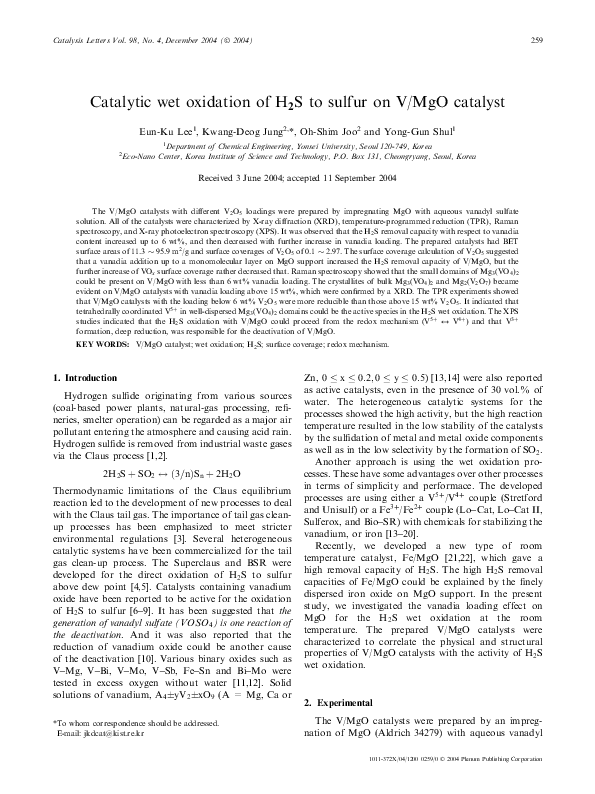 (PDF) Catalytic Wet Oxidation of H2S to Sulfur on V/MgO Catalyst | Yong ...