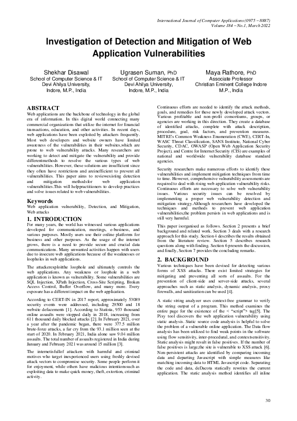 Pdf Investigation Of Detection And Mitigation Of Web Application