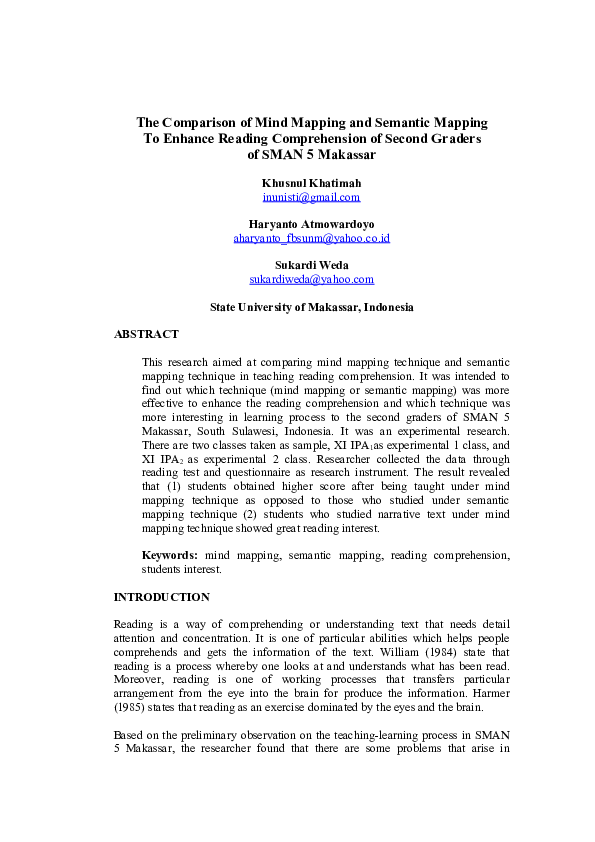 Doc The Comparison Of Mind Mapping Technique And Semantic Mapping Technique To Enhance Reading