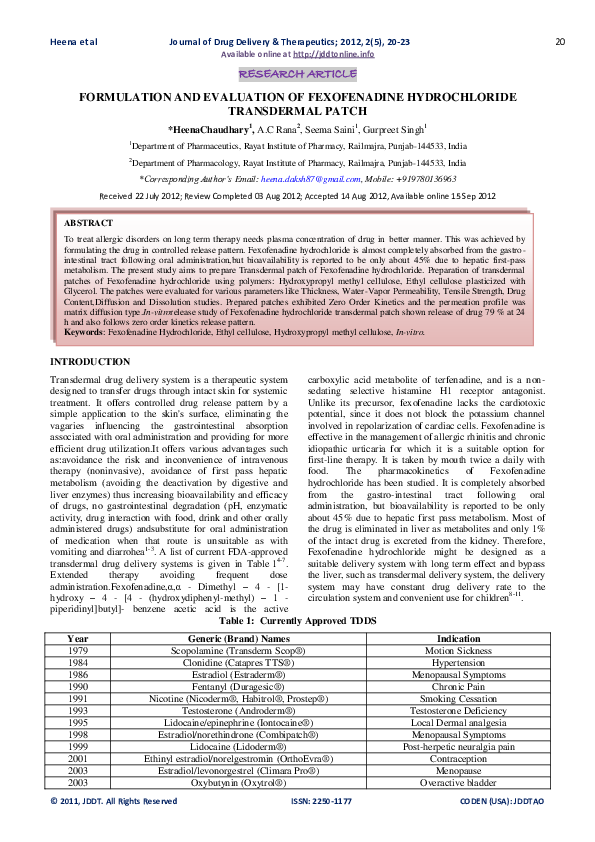 (PDF) Formulation and Evaluation of Fexofenadine Hydrochloride Transdermal Patch