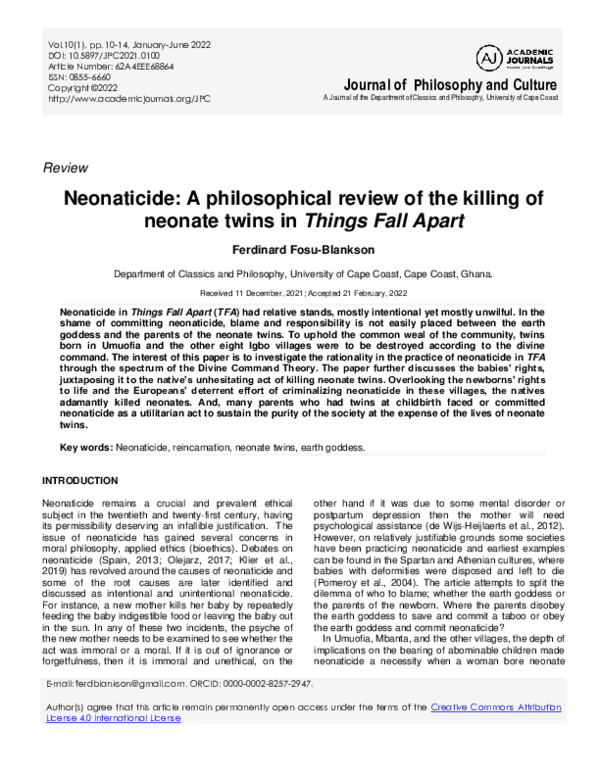 (PDF) Neonaticide: A philosophical review of the killing of neonate ...