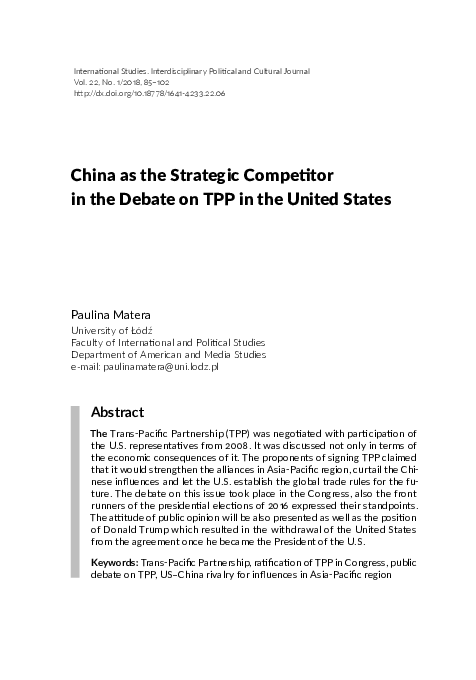 (PDF) China as the Strategic Competitor in the Debate on TPP in the ...