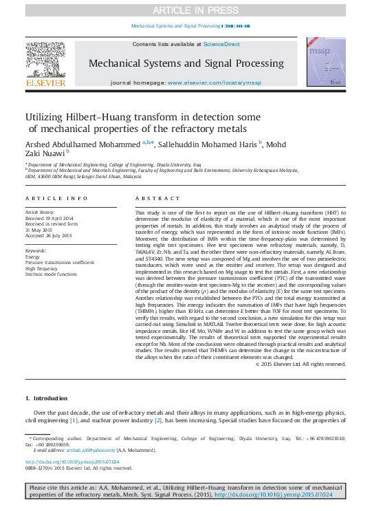 (PDF) Utilizing Hilbert–Huang transform in detection some of mechanical properties of the ...