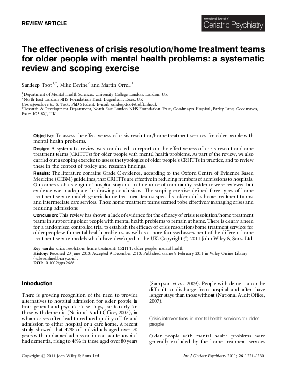 (PDF) The effectiveness of crisis resolution/home treatment teams for ...