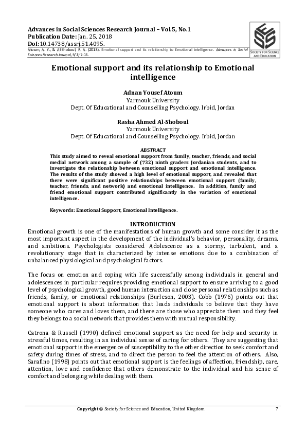 (PDF) Emotional support and its relationship to Emotional intelligence