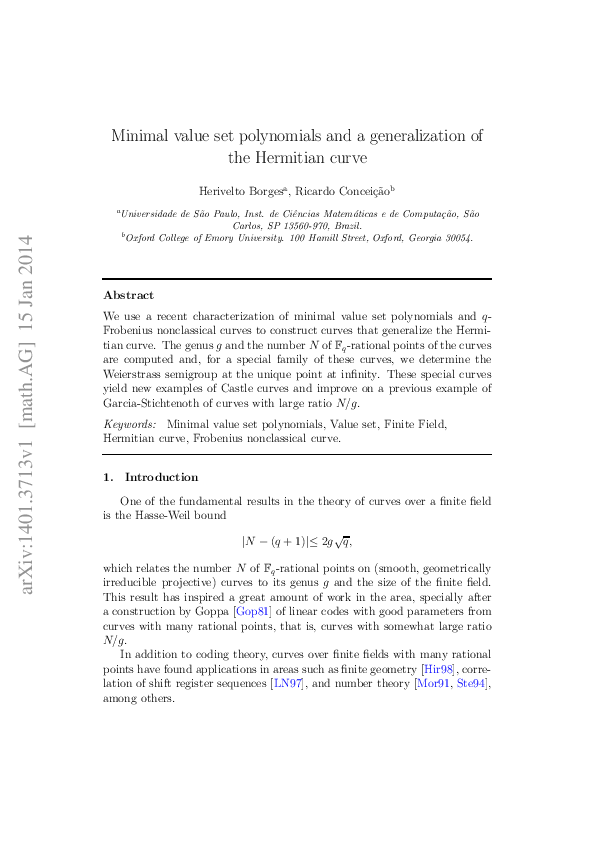 (PDF) Minimal value set polynomials and a generalization of the Hermitian curve