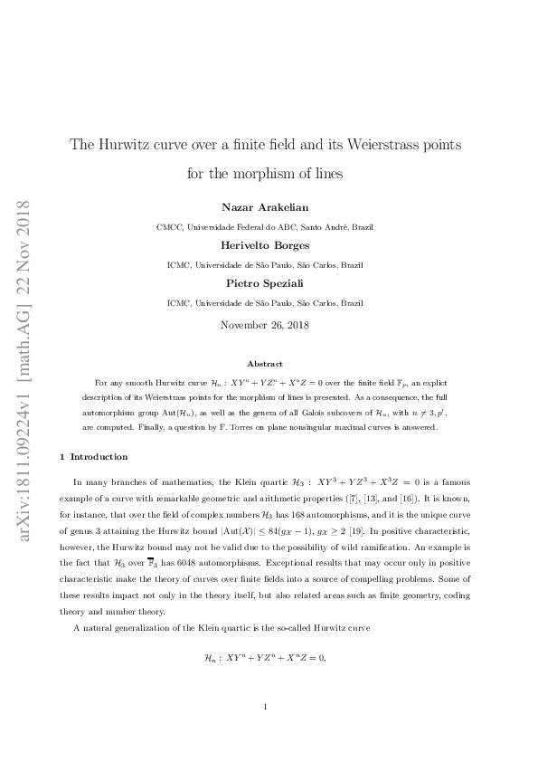 (PDF) Weierstrass Points of Hurwitz Curves over Finite Fields