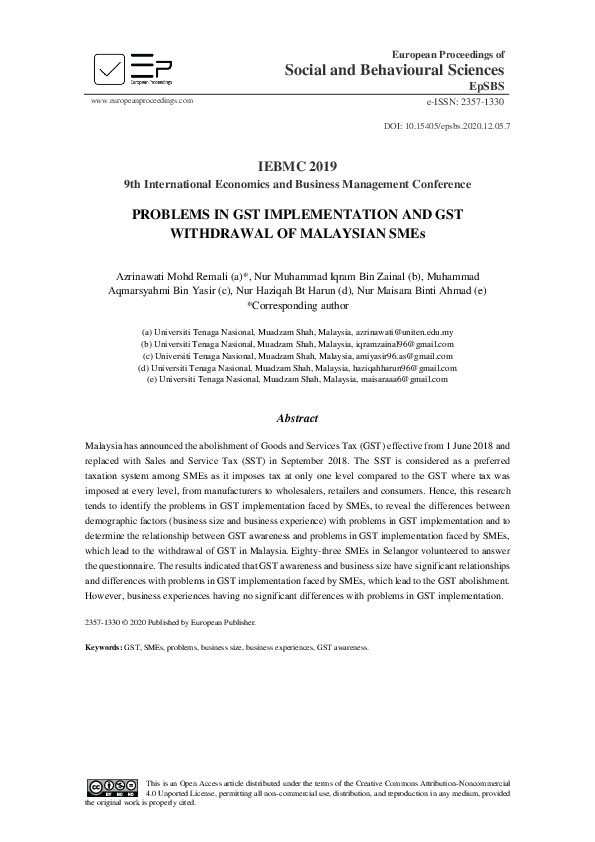 (PDF) Problems In Gst Implementation And Gst Withdrawal Of Malaysian Smes