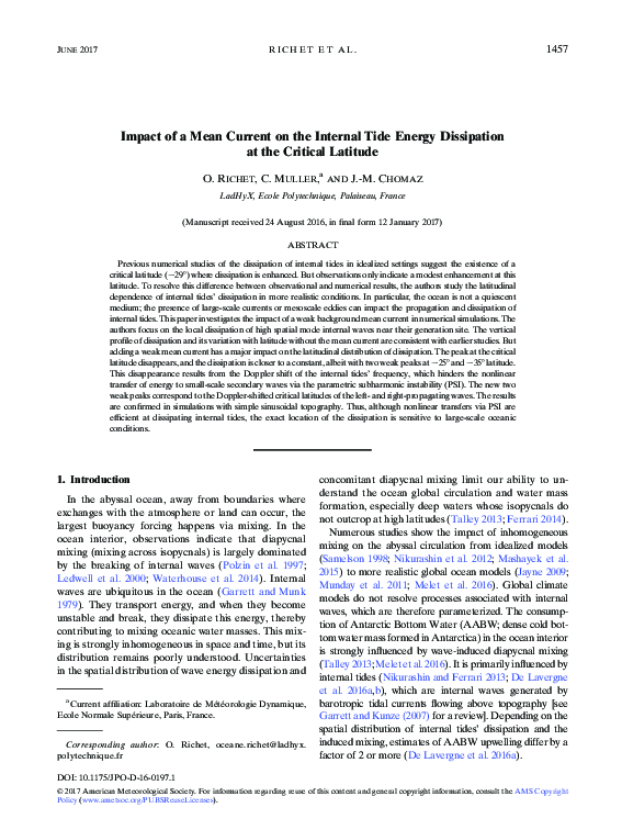 (PDF) Impact of a Mean Current on the Internal Tide Energy Dissipation ...