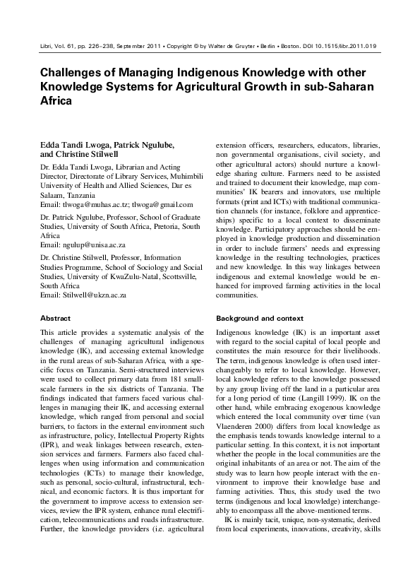 (PDF) Challenges of Managing Indigenous Knowledge with other Knowledge ...