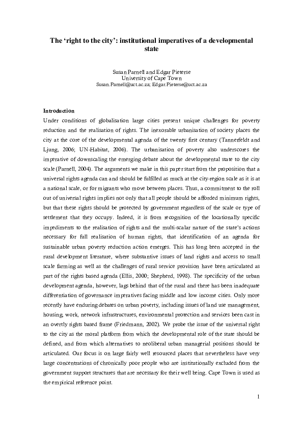 (PDF) The ‘Right to the City’: Institutional Imperatives of a ...