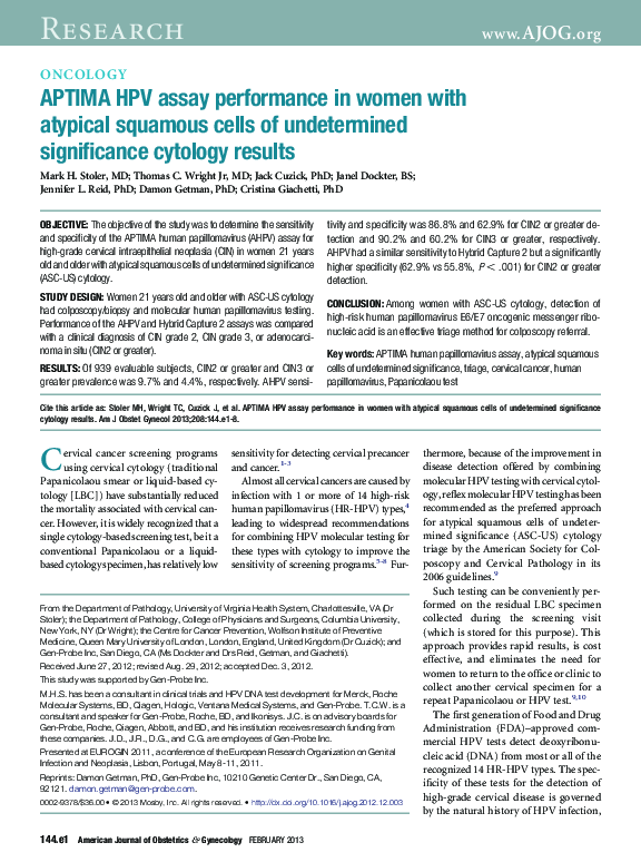 (PDF) APTIMA HPV assay performance in women with atypical squamous ...