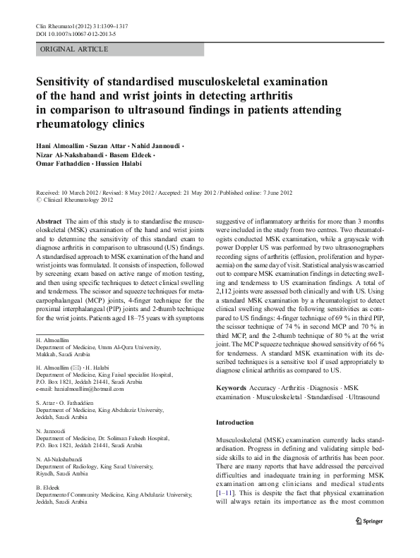 (PDF) Sensitivity of standardised musculoskeletal examination of the ...