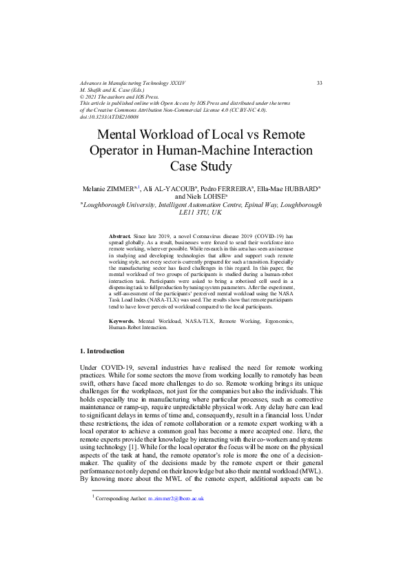 (PDF) Mental Workload in Local vs Remote Operators During Human-Robot Interaction