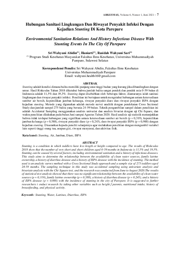 (PDF) Hubungan Sanitasi Lingkungan Dan Riwayat Penyakit Infeksi Dengan Kejadian Stunting Di Kota ...