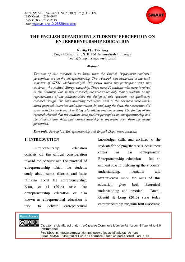 (PDF) The English Department Students’ Perception on Entrepreneurship ...