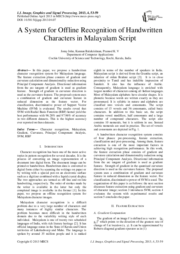 (PDF) Offline Recognition of Handwritten Malayalam Characters using SVM