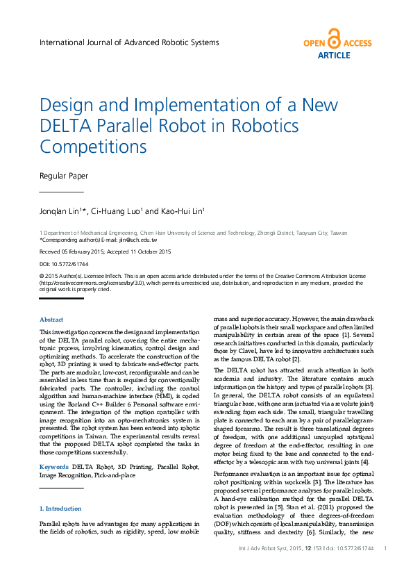 (PDF) Design and Implementation of a New DELTA Parallel Robot in Robotics Competitions