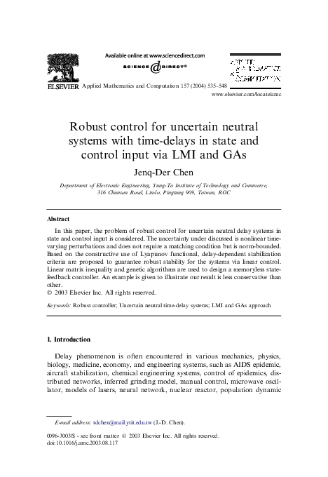 Pdf Robust Control For Uncertain Neutral Systems With Time Delays In