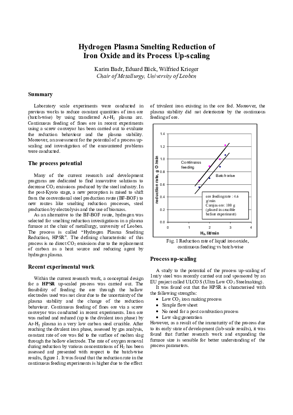 (PDF) Hydrogen Plasma Smelting Reduction of Iron Oxide and its Process ...