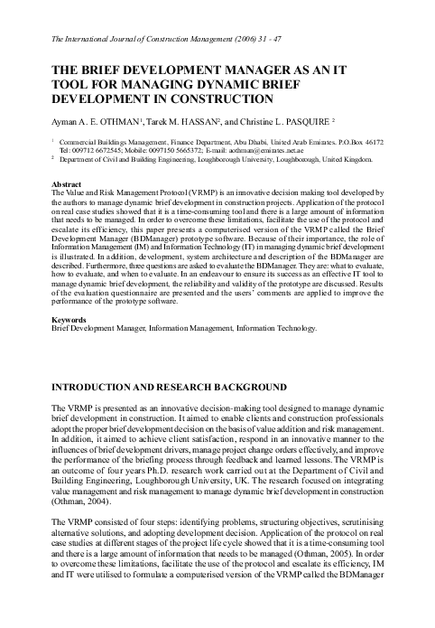 (PDF) The Brief Development Manager as an it Tool for managing Dynamic ...