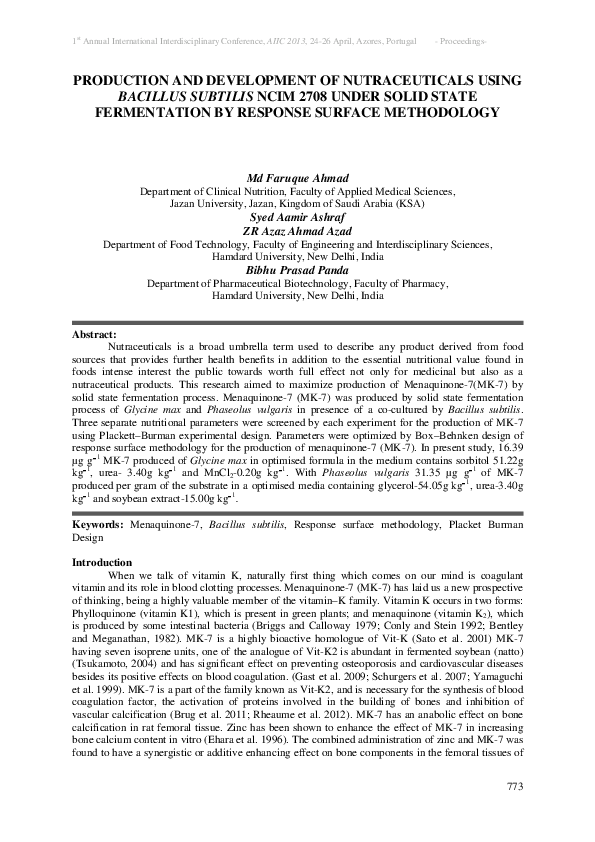 (PDF) Production and Development of Nutraceuticals Using Bacillus Subtilis Ncim 2708 Under Solid ...