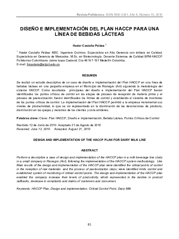 (PDF) Diseño e implementación del plan HACCP para una línea de bebidas lácteas