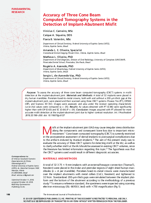 Pdf Accuracy Of Three Cone Beam Computed Tomography Systems In The Detection Of Implant