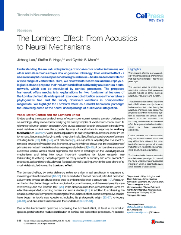 (PDF) The Lombard Effect: From Acoustics to Neural Mechanisms