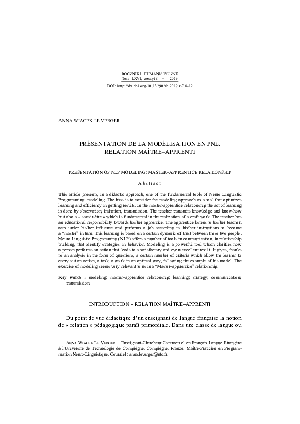 (PDF) Présentation de la modélisation en PNL. Relation maître–apprenti
