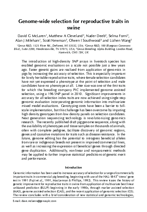 (PDF) Genome-wide selection for reproductive traits in swine