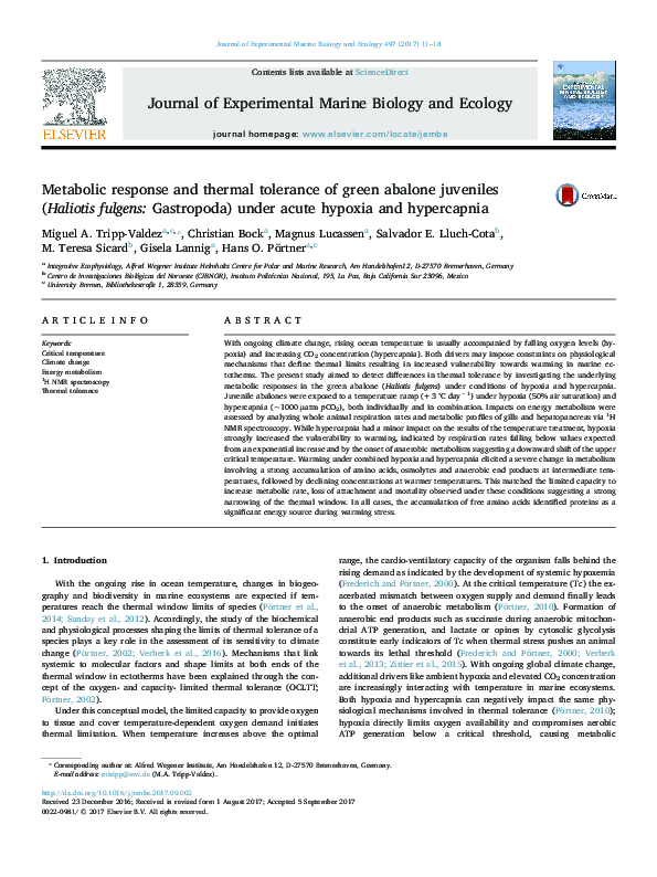 (PDF) Metabolic response and thermal tolerance of green abalone ...