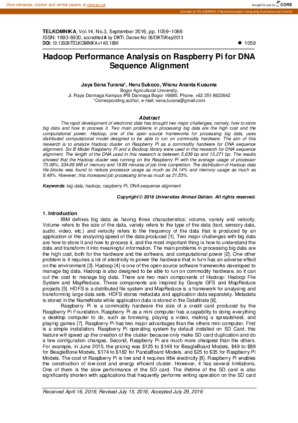 Pdf Hadoop Performance Analysis On Raspberry Pi For Dna Sequence Alignment Wisnu Ananta