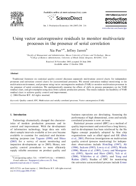 (PDF) Using vector autoregressive residuals to monitor multivariate processes in the presence of ...