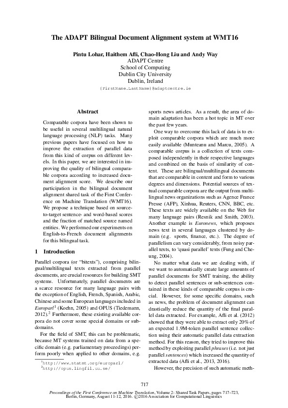 (PDF) The ADAPT Bilingual Document Alignment system at WMT16