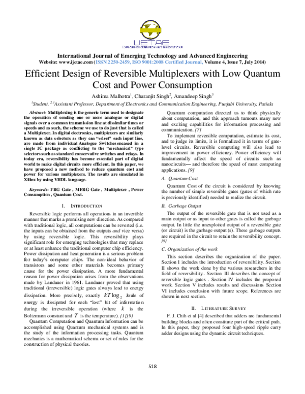 (PDF) Efficient Design of Reversible Multiplexers with Low Quantum Cost and Power Consumption