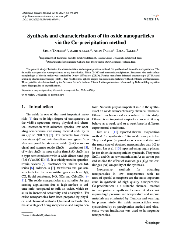 (PDF) Synthesis and characterization of tin oxide nanoparticles via the ...