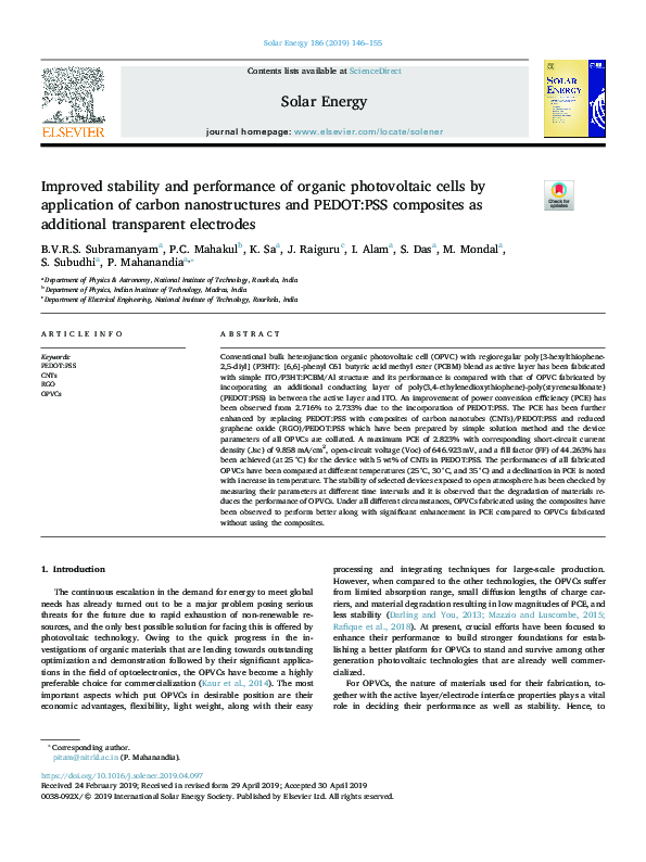 (PDF) Improved stability and performance of organic photovoltaic cells ...
