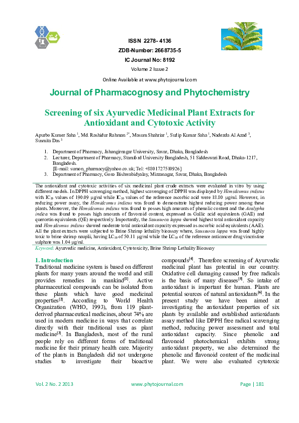 (PDF) Screening of six Ayurvedic medicinal plant extracts for antioxidant and cytotoxic activity