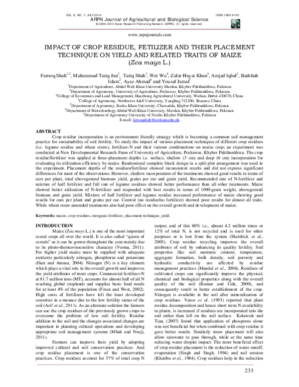 (PDF) IMPACT OF CROP RESIDUE, FETILIZER AND THEIR PLACEMENT TECHNIQUE ON YIELD AND RELATED ...