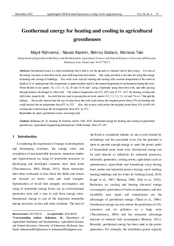 (PDF) Geothermal energy for heating and cooling in agricultural greenhouses