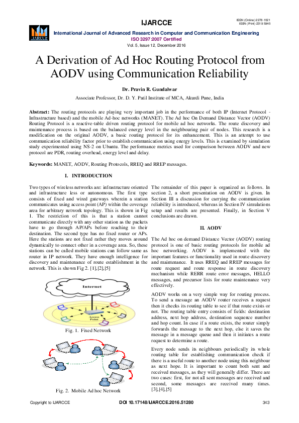(PDF) A Derivation of Ad Hoc Routing Protocol from AODV using Communication Reliability