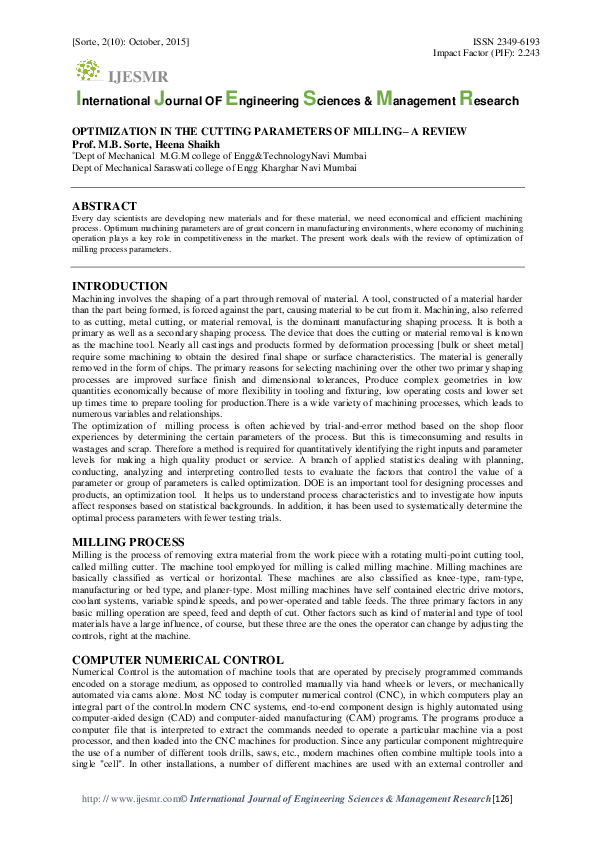 Pdf Optimization In The Cutting Parameters Of Milling A Review