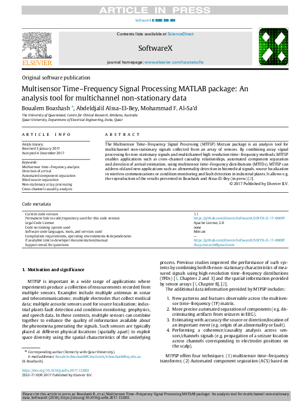 (PDF) Multisensor Time–Frequency Signal Processing MATLAB package: An analysis tool for ...
