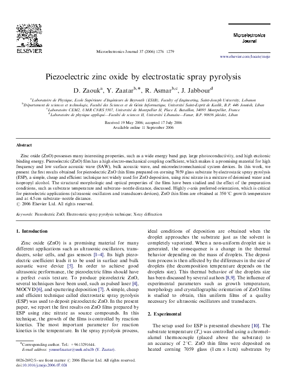 (PDF) Piezoelectric zinc oxide by electrostatic spray pyrolysis